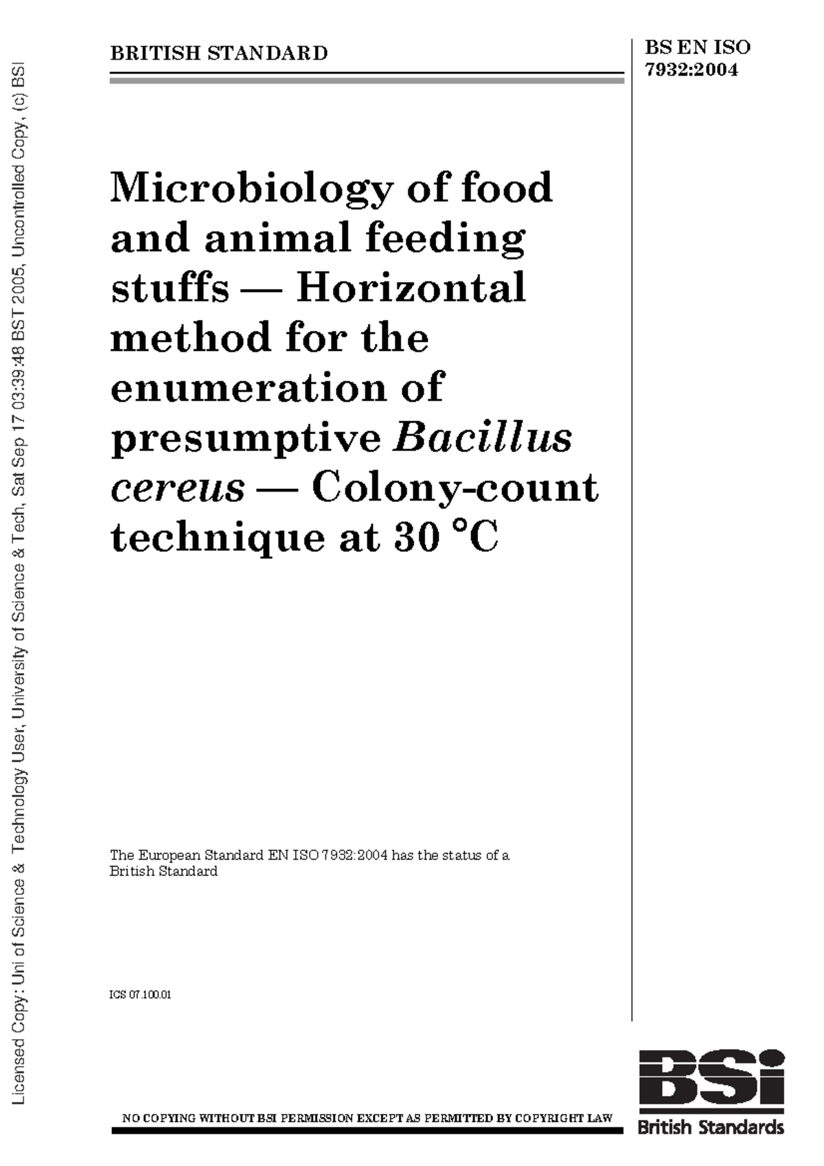 [BS ISO 7932.2004 ] Micro food + animal feed - Horizontal methods for ...