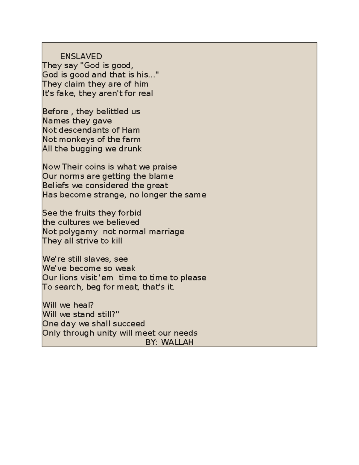 Enslaved - a poem by Wallah(PHENIUS PETER JUMA) A student of CHUKA ...