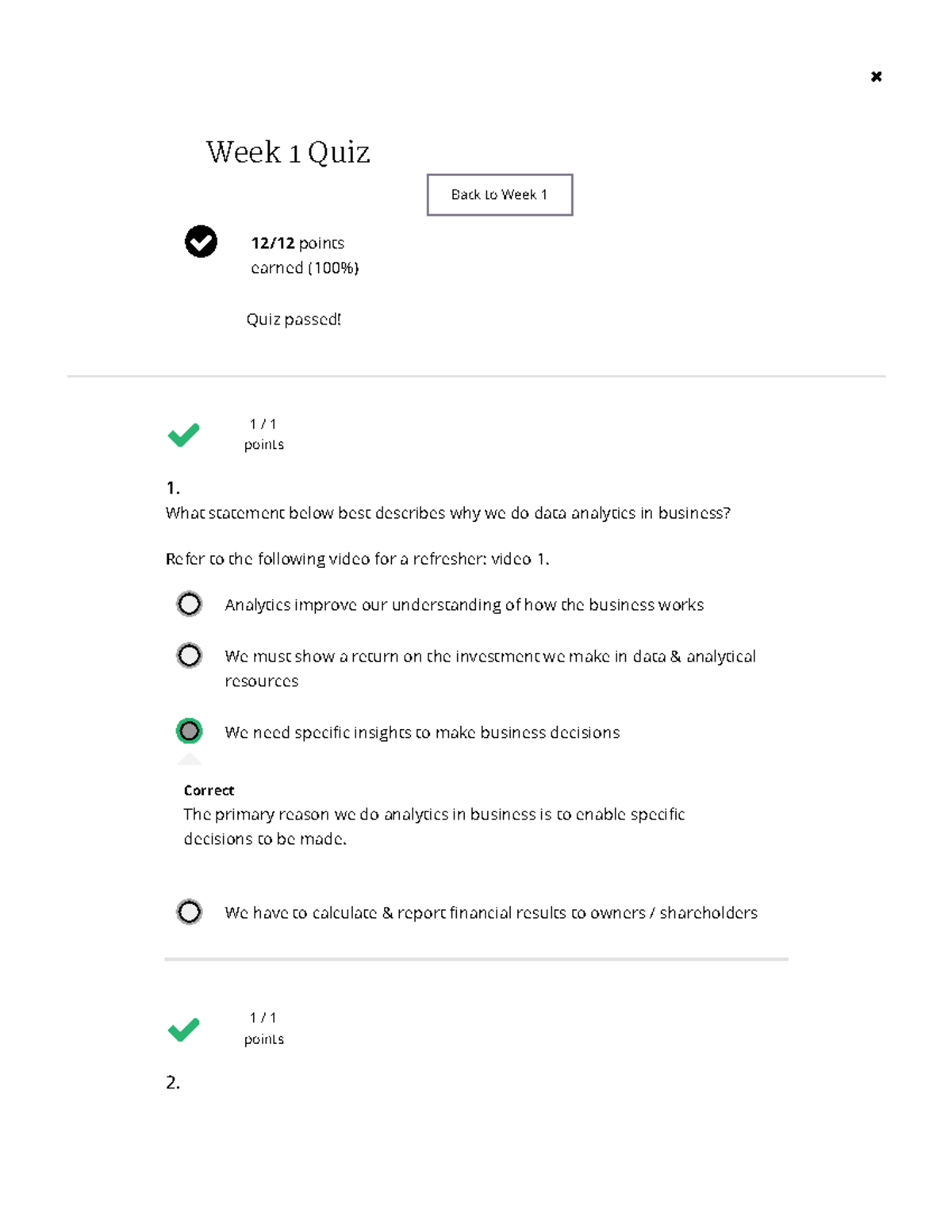 Data analytics w1 Done complete - Week 1 Quiz 12/12 points earned (100% ...