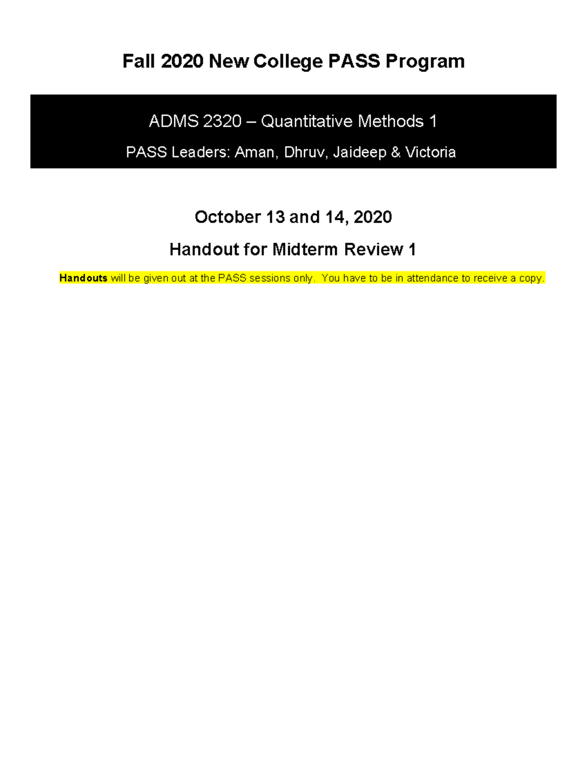 Session 5 Midterm review ADMS2320 - Fall 2020 New College PASS Program ...