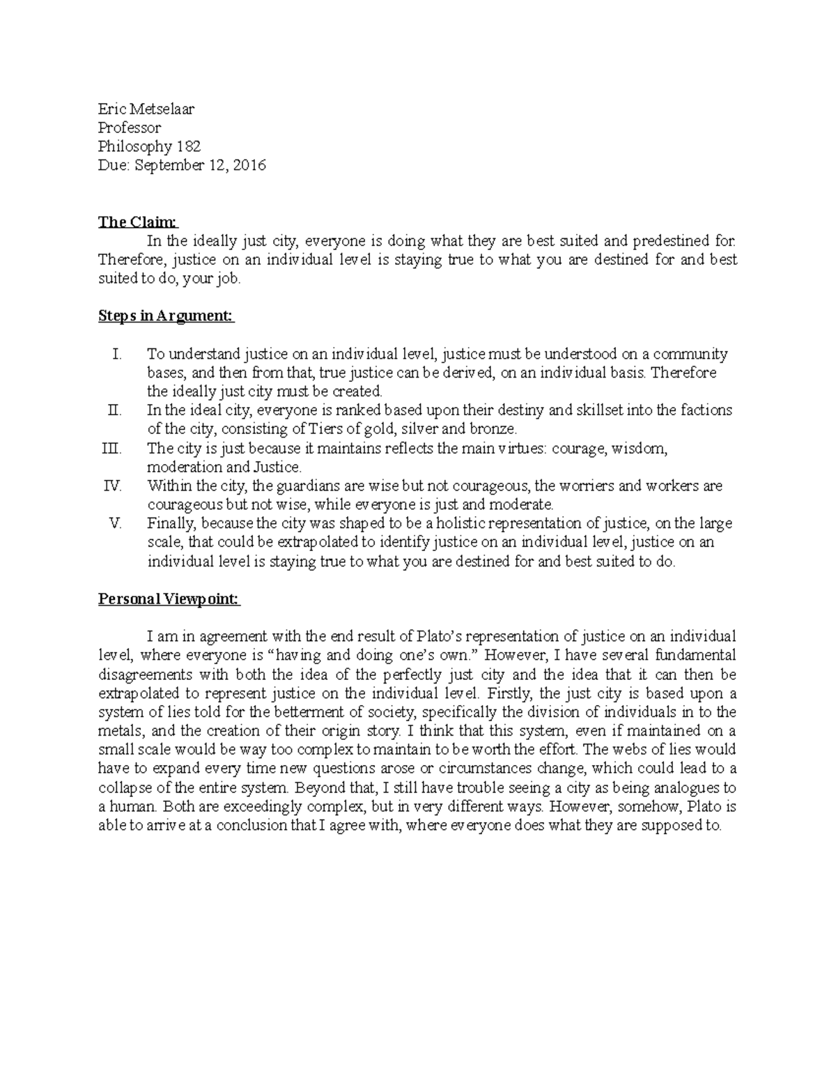 Mandatory Outline Assignment #1 - Eric Metselaar Professor Philosophy ...