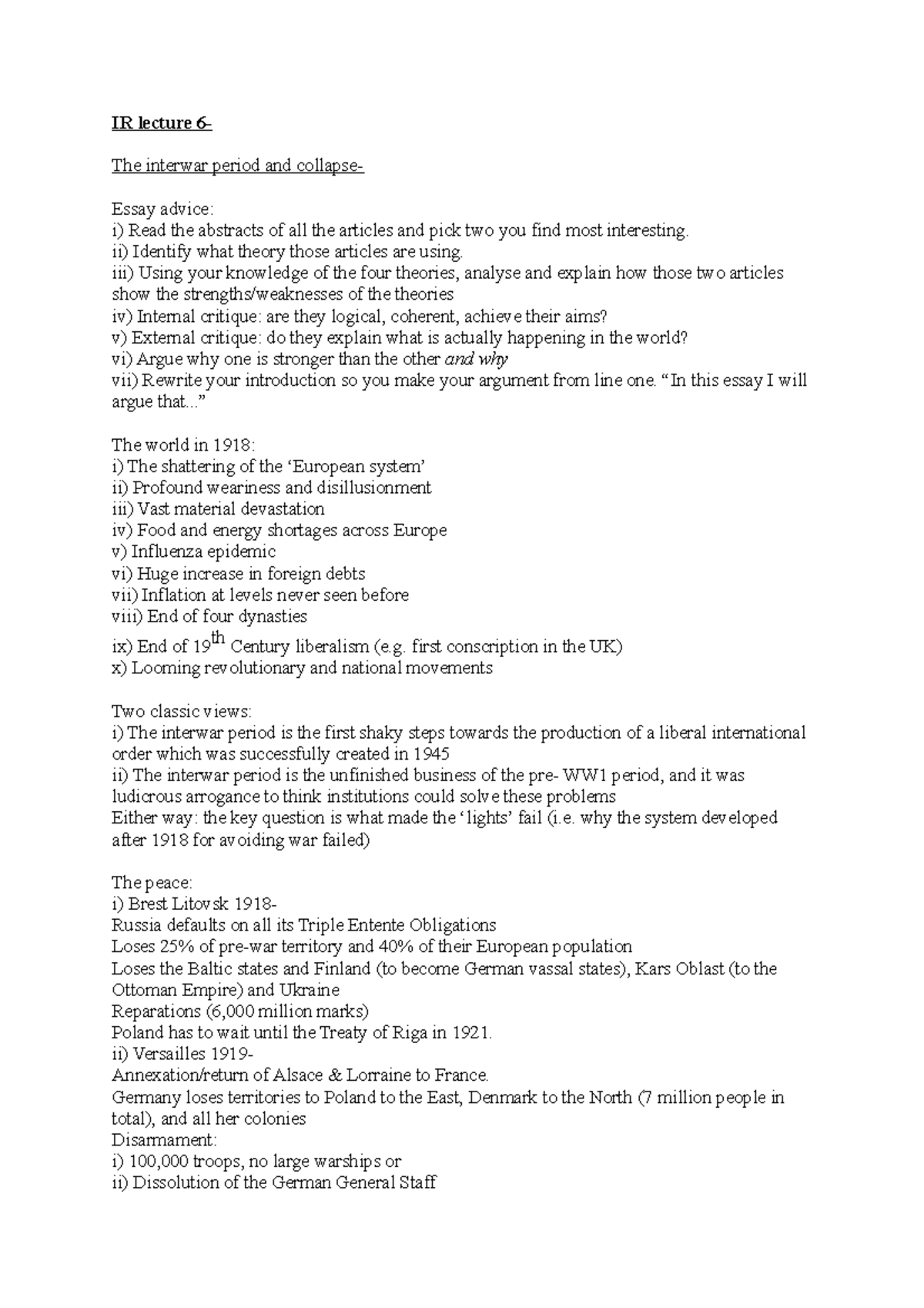 Lecture 6 - IR lecture 6- The interwar period and collapse- Essay ...