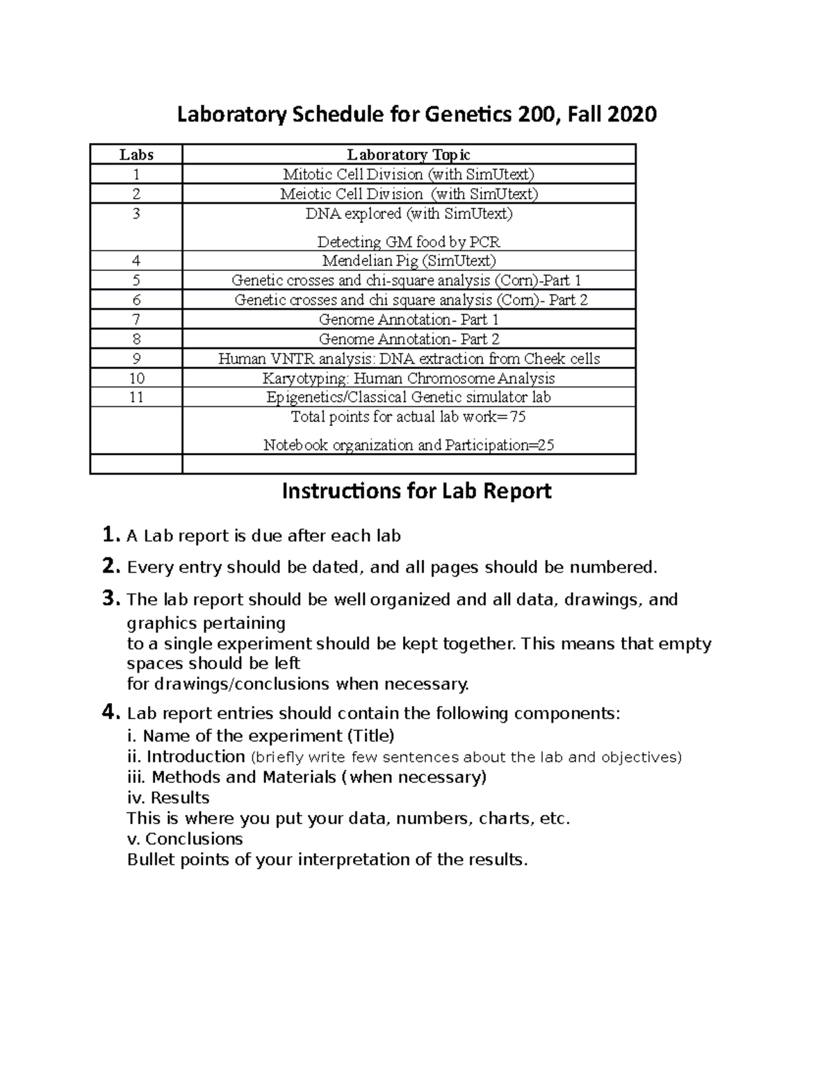 Laboratory Schedule for Genetics 200 Fall 2020 - Laboratory Schedule ...