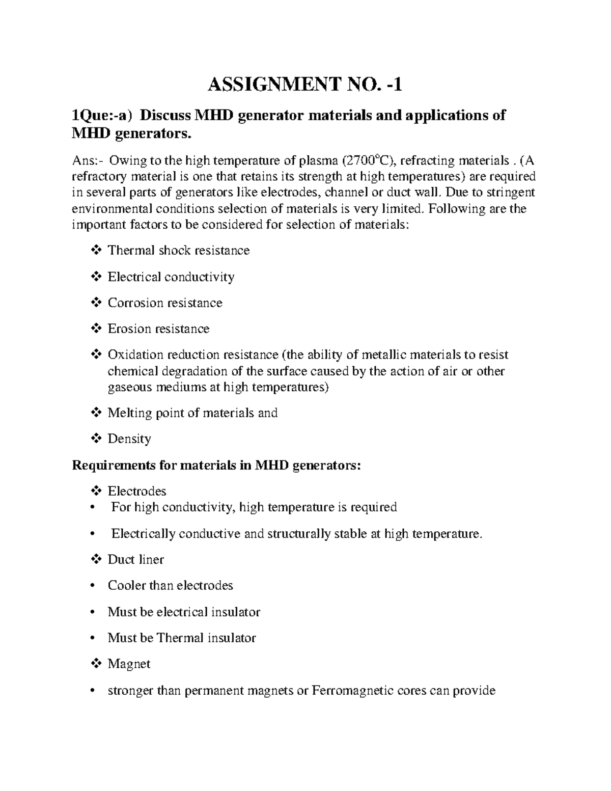 Assignment No. 1 NCES - open elective subject - ASSIGNMENT NO. - 1Que:-a) Discuss MHD generator ...