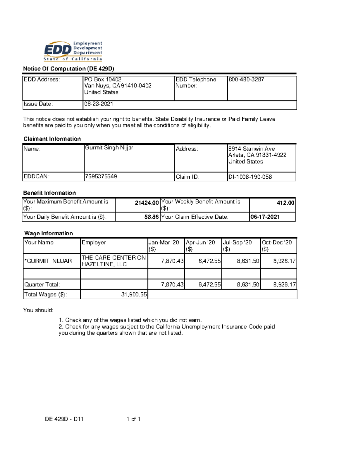 DE429D - sample - Notice Of Computation (DE 429D) This notice does not ...
