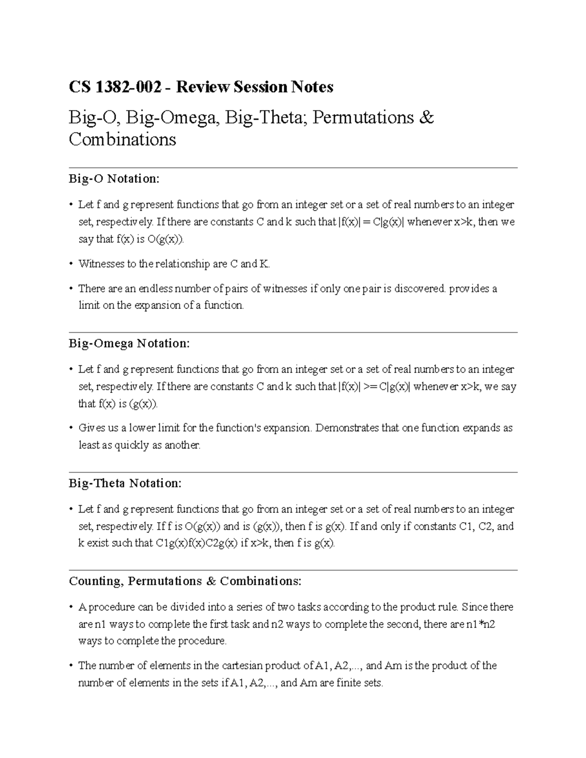 CS 1382 Review Notes - Big-Os, Perm&Combs - CS 1382-002 - Review ...