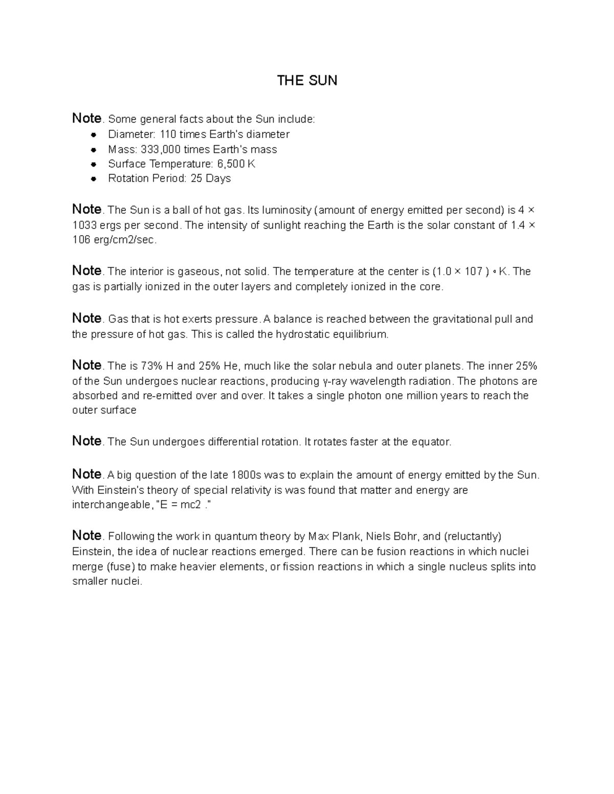 Astronomy Chapter 18 Notes The Sun - THE SUN Note. Some general facts ...