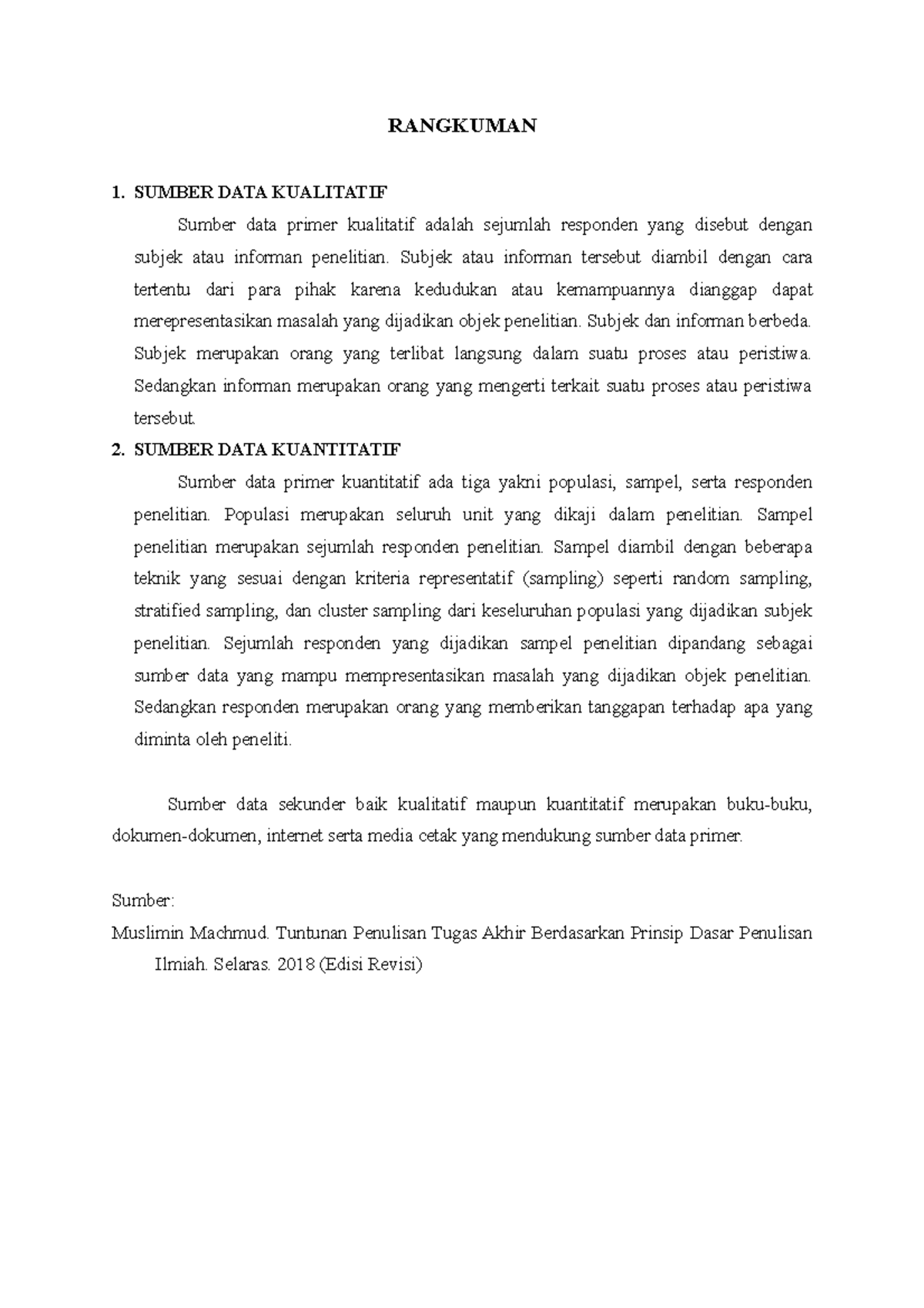 Rangkuman Sumber DATA Kuantitatif DAN Kualitatif - RANGKUMAN 1. SUMBER DATA KUALITATIF Sumber ...