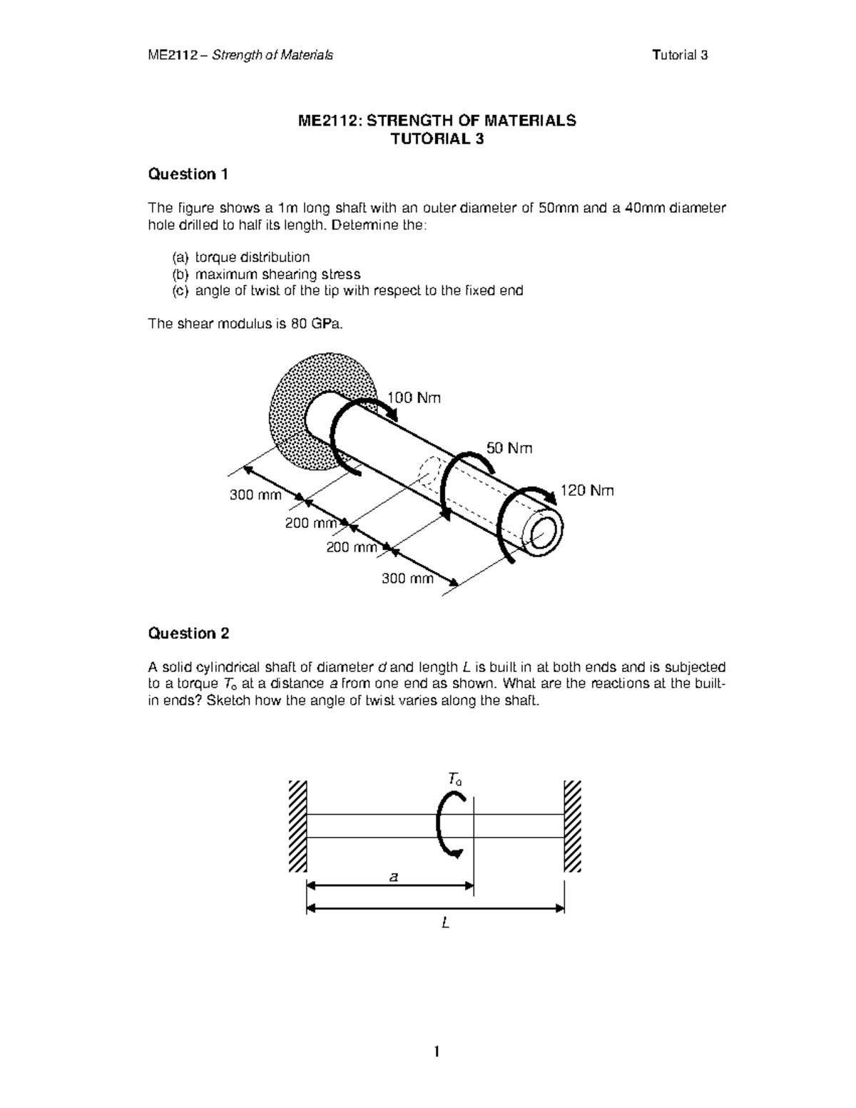 ME2112-Tutorial 3 - ME2112 – Strength of Materials Tutorial 3 ME2112 ...