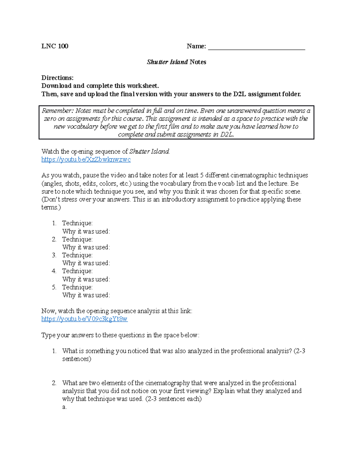 Shutter Island Worksheet - LNC 100 Name ...