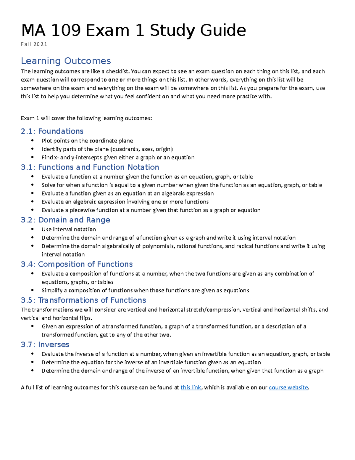 MA 109 Exam 1 Study Guide-1 - MA 109 Exam 1 Study Guide Fall 2021 ...