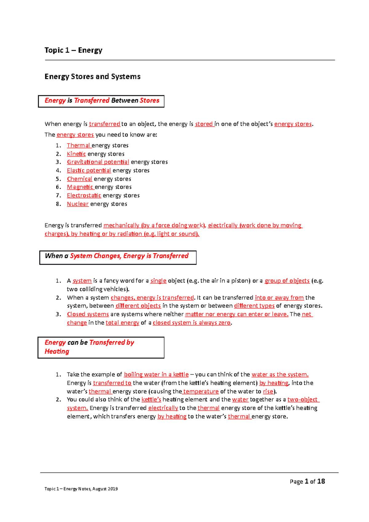 GCSE Physics Revision Notes - P1 - Energy - Aug 2019 - Topic 1 – Energy ...
