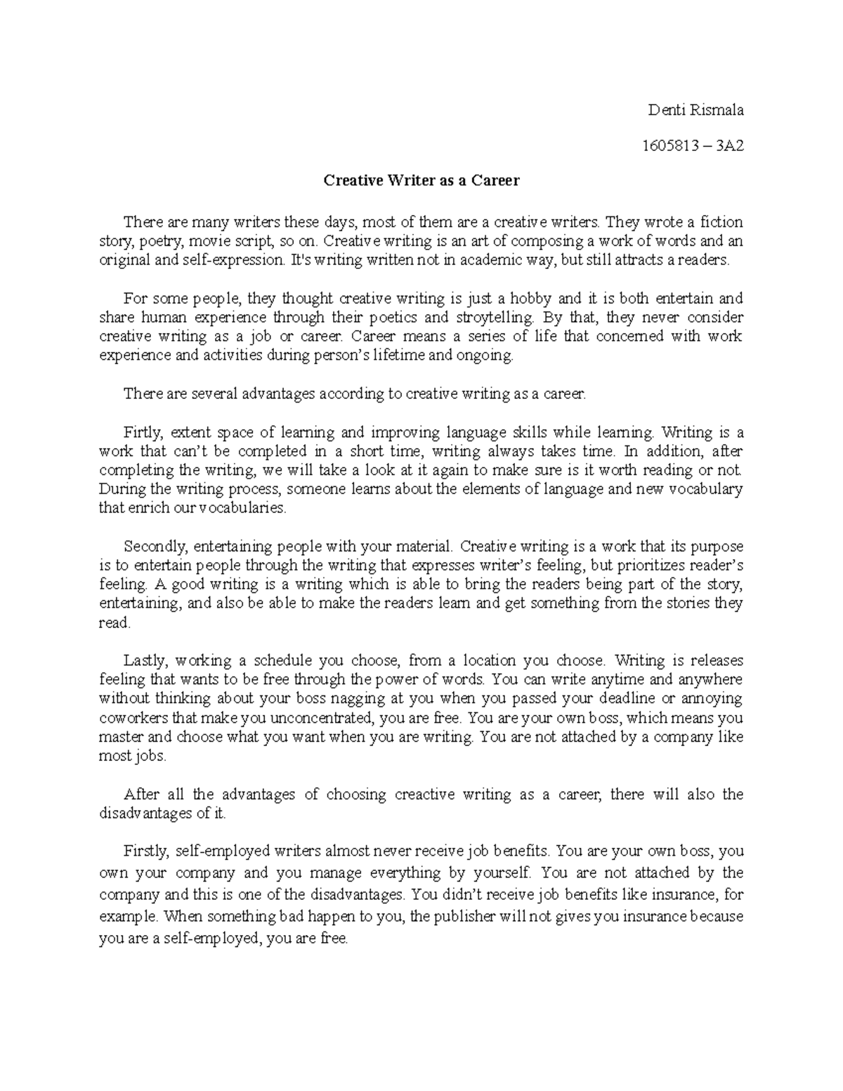 Creative Writer as a Career - Denti Rismala 1605813 – 3A Creative ...