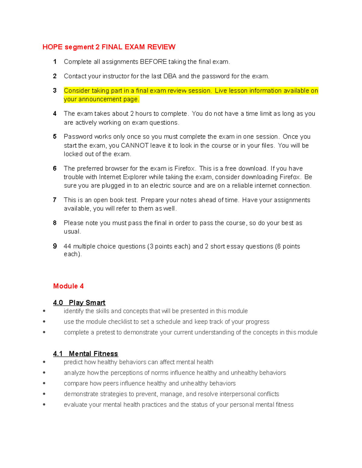 Hope segment 2 final exam review - HOPE segment 2 FINAL EXAM REVIEW 1 ...