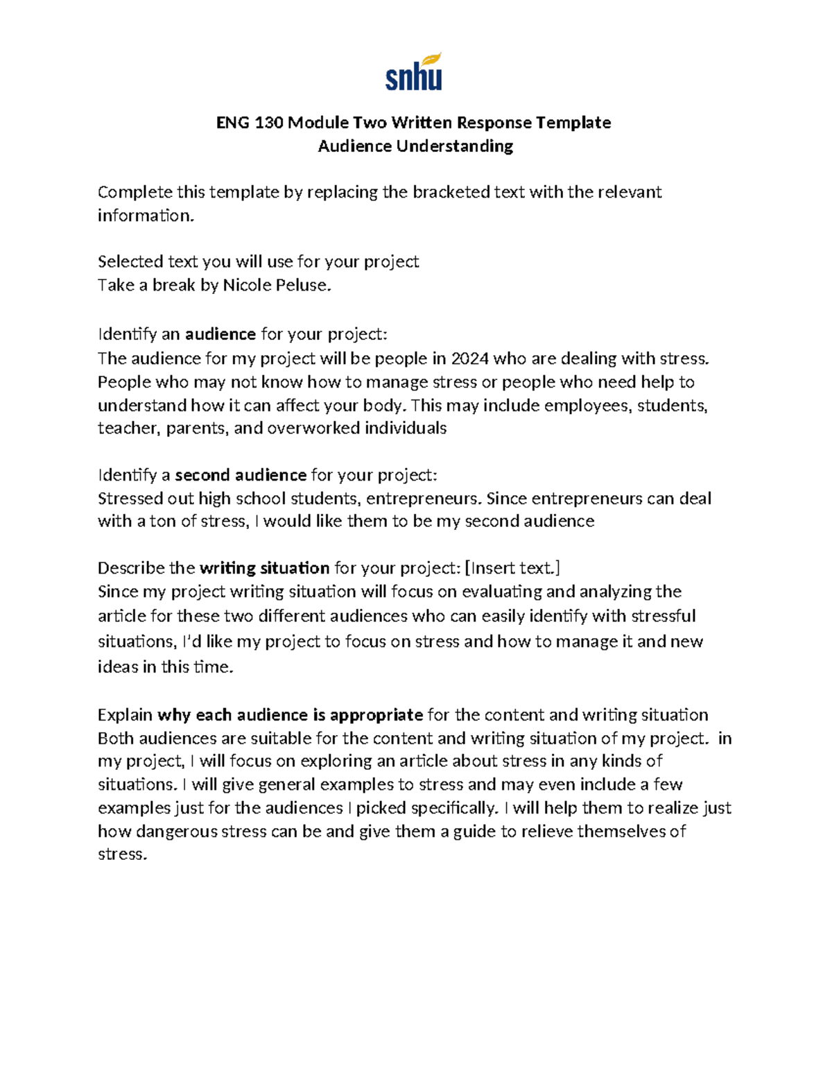 ENG 130 Module Two Written Response - Selected text you will use for ...