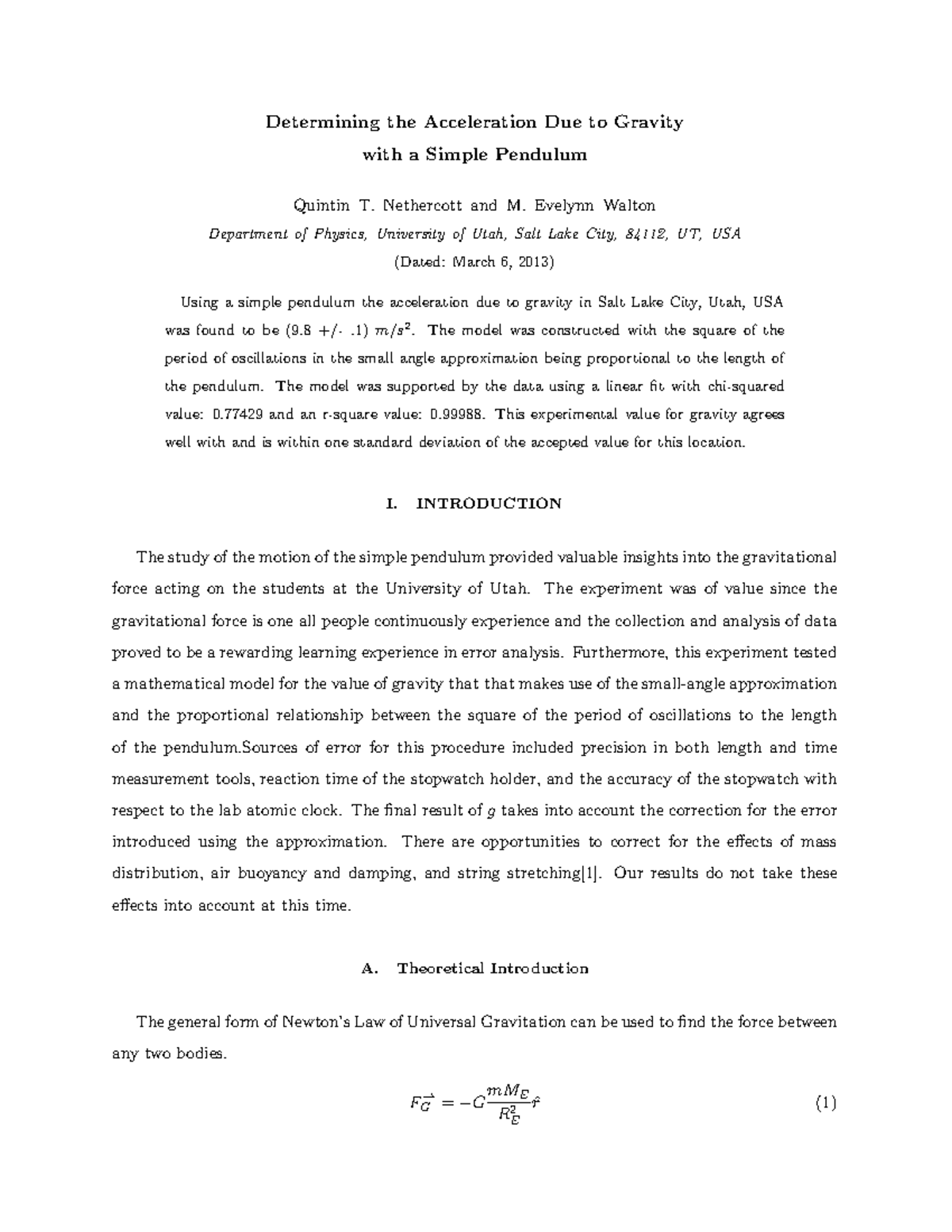 Lab report - Mechanics - Dynamics - Determining the Acceleration Due to ...