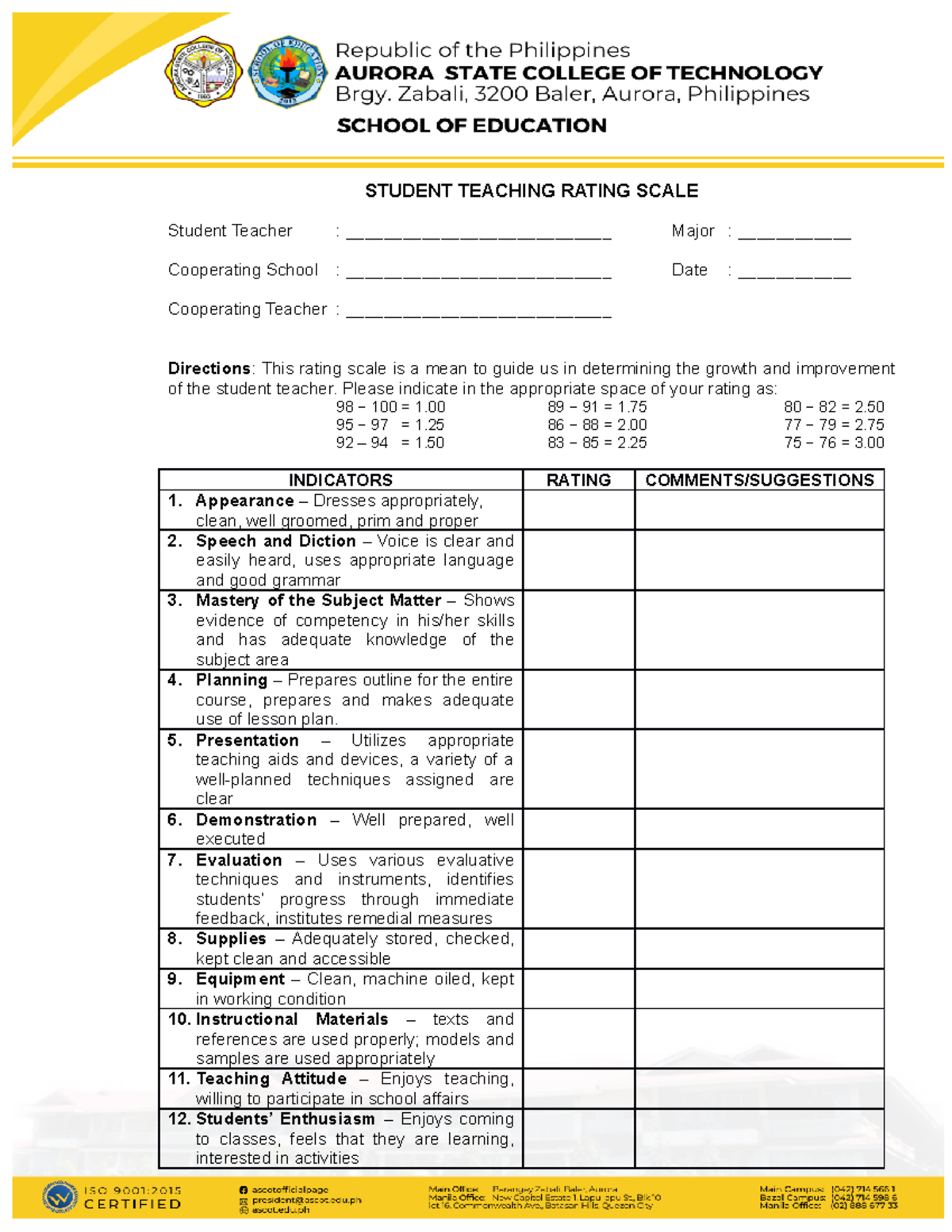 Student Checklist SEd 1 - STUDENT TEACHING RATING SCALE Student Teacher ...