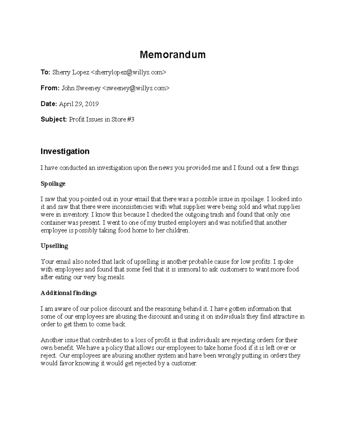 Ethical Decisons Memo - memo - Memorandum To: Sherry Lopez From: John ...