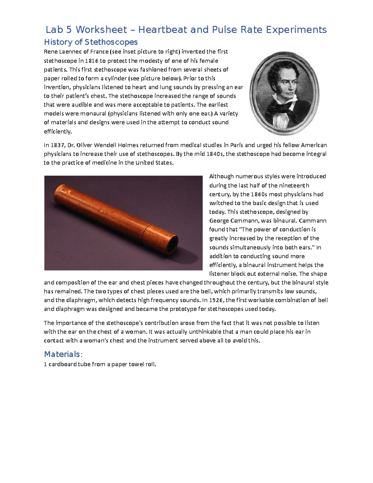 Pulse worksheet for BSC - Lab 5 Worksheet – Heartbeat and Pulse Rate ...