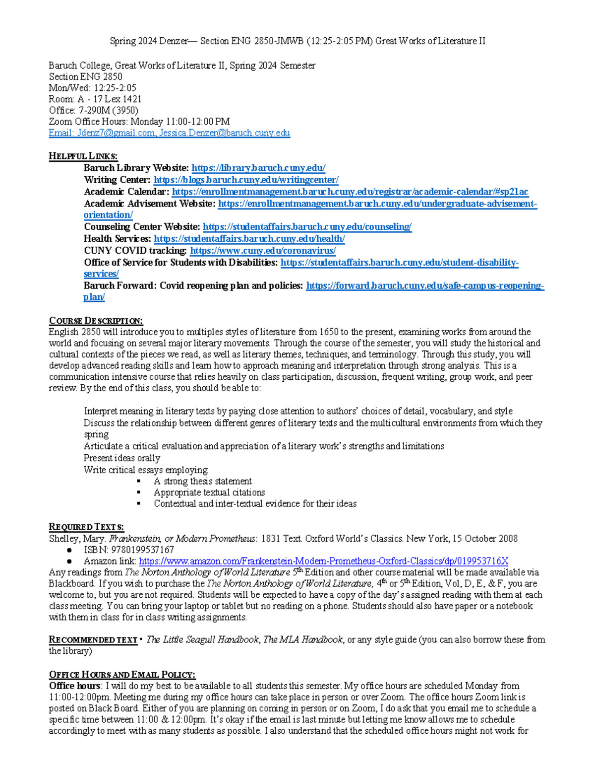 ENG 2850 Spring Syllabus - Baruch College, Great Works of Literature II ...