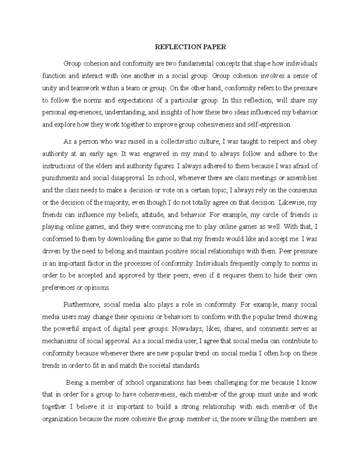 Reflection-Paper-Soc Psy - REFLECTION PAPER Group cohesion and ...