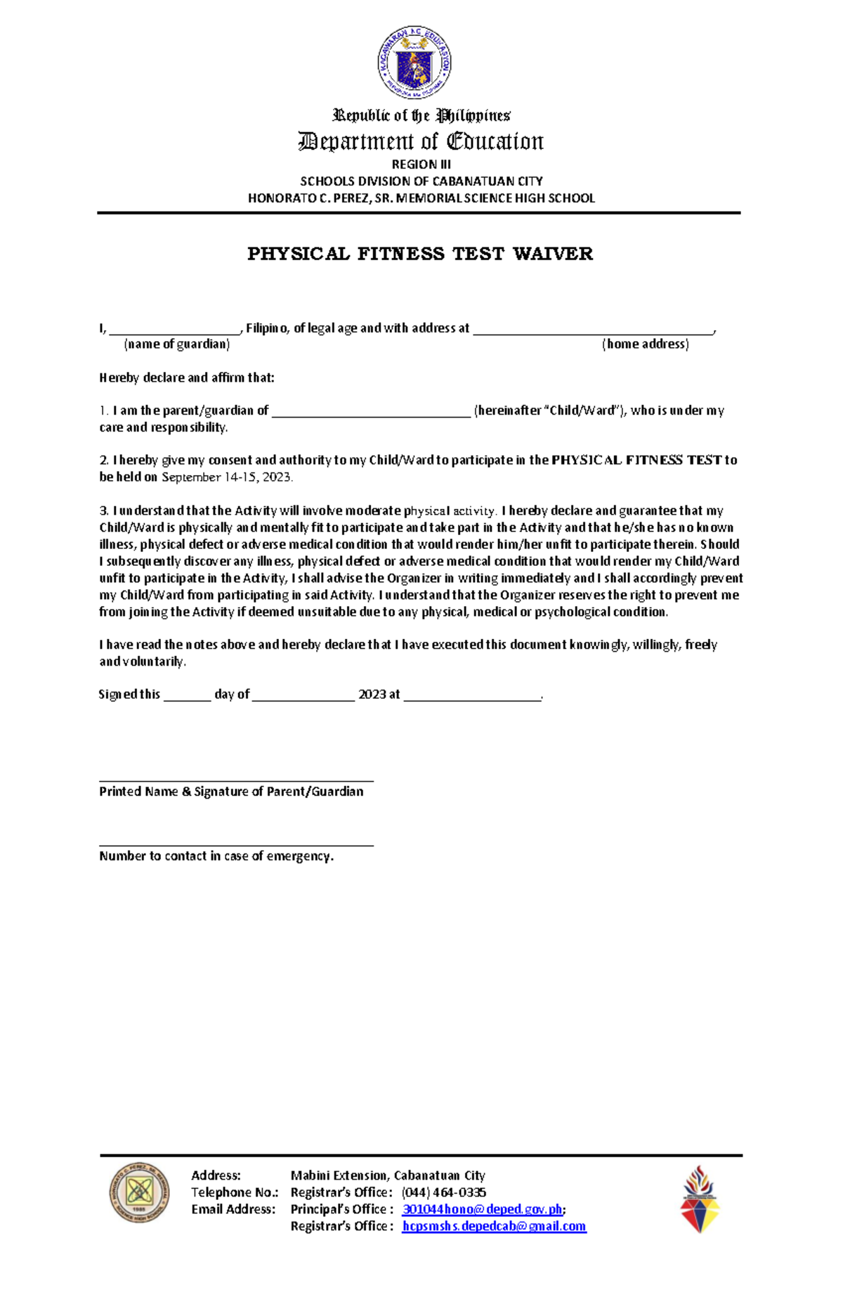 Physical Fitness Test Waiver - Republic of the Philippines Department ...