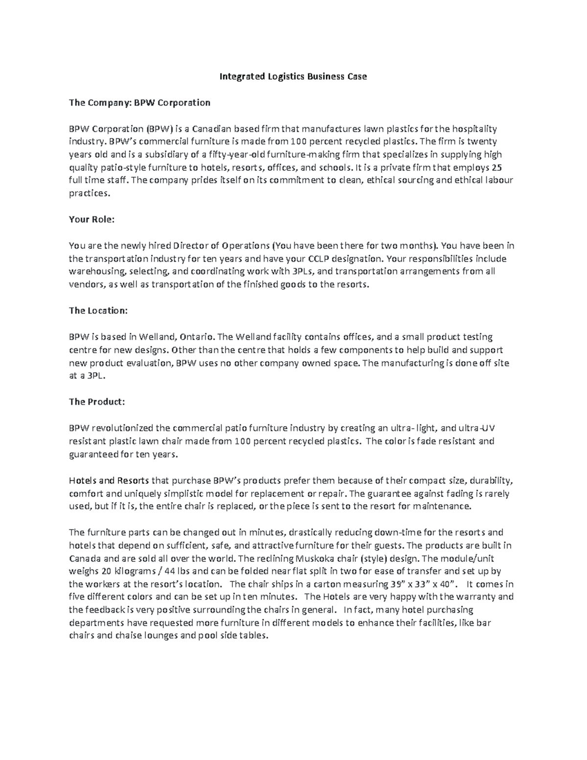 IL BCS - ASSIGNMENT #1 - Integrated Logistics Business Case The Company ...