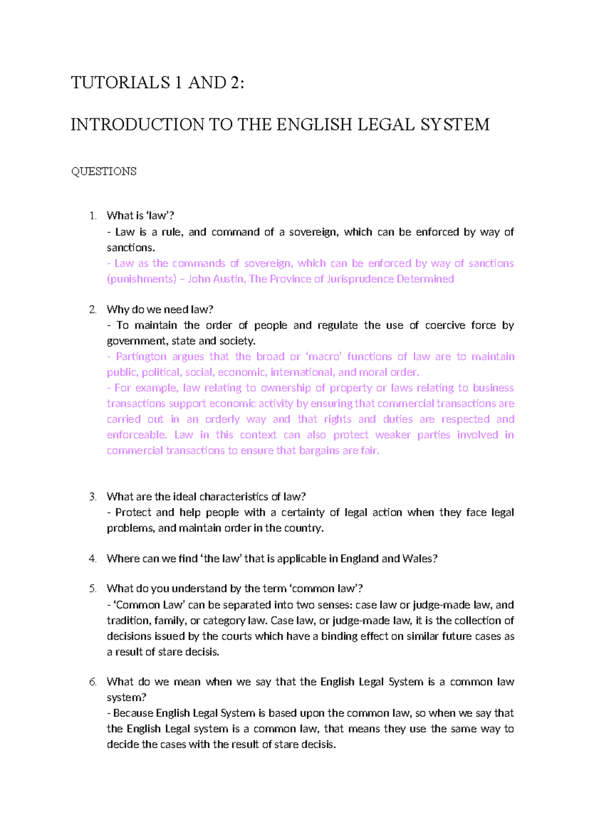 ELS tutorial work - TUTORIALS 1 AND 2: INTRODUCTION TO THE ENGLISH LEGAL SYSTEM QUESTIONS 1 ...