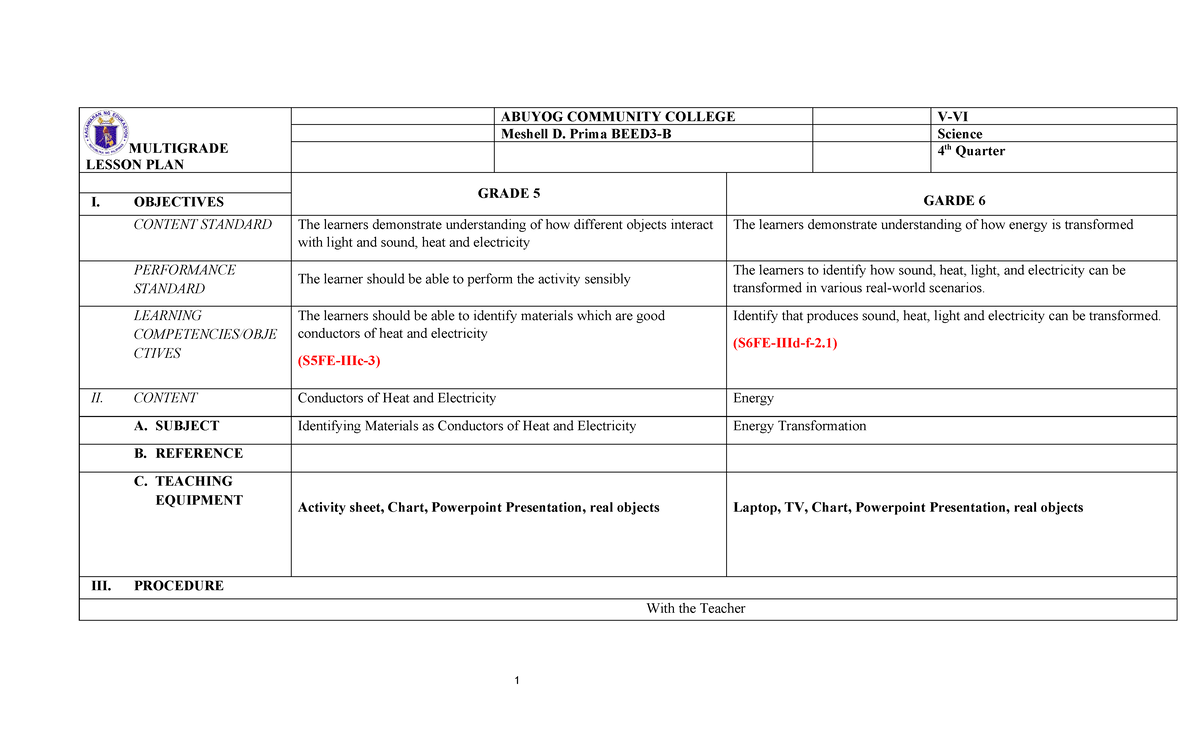 Multigrade LP Prima - LESSON PLAN - MULTIGRADE LESSON PLAN School ...