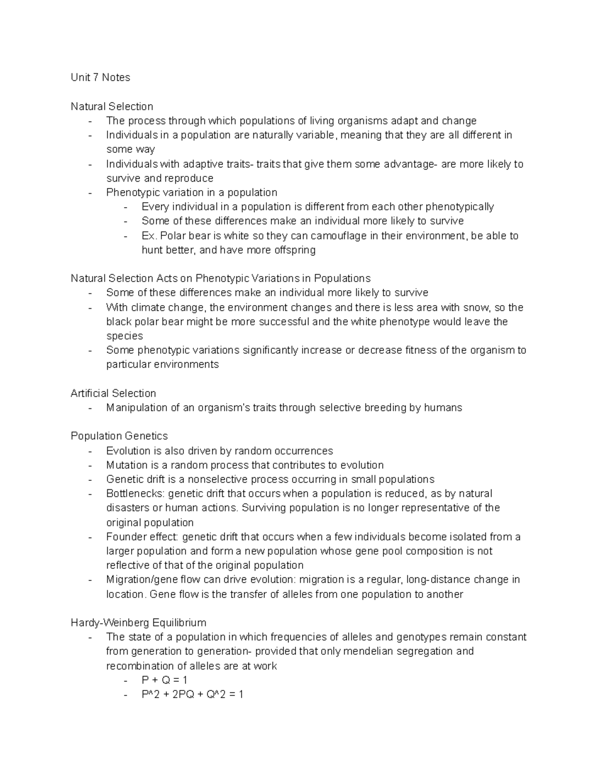 Unit 7 Notes - Unit 7 Notes Natural Selection - The process through ...