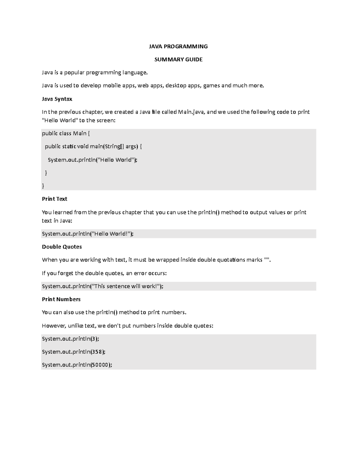 Java Programming Java Java Programming Summary Guide Java Is A Popular Programming Language