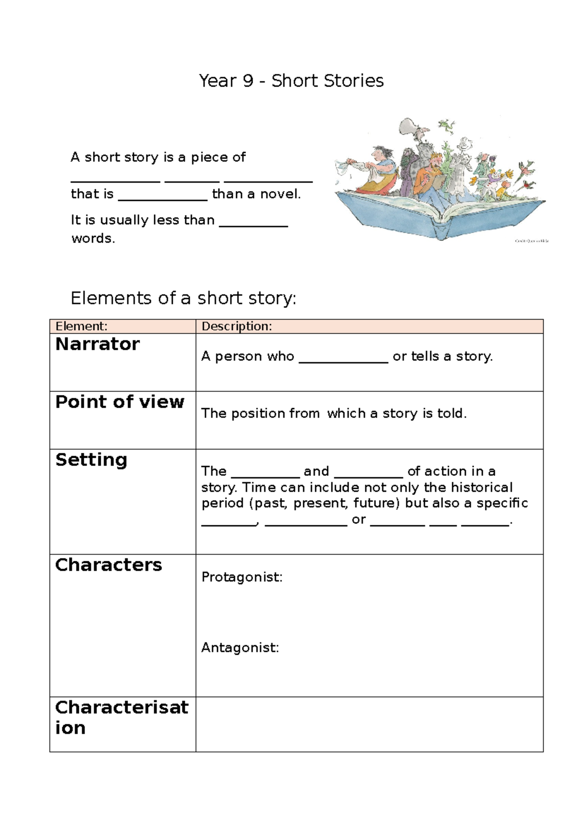 Short Stories - Note-taking theory copy - Year 9 - Short Stories A ...