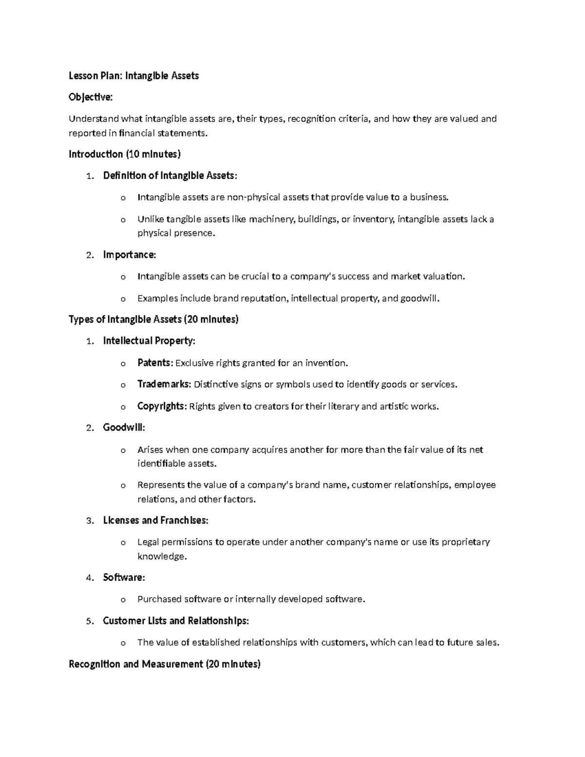 Lesson - Intangible Assets - Lesson Plan: Intangible Assets Objective ...