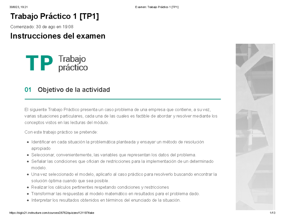 Examen Trabajo Práctico 1 [TP1] - dai 100% - Trabajo Práctico 1 [TP1] Comenzado: 30 de ago en 19 ...