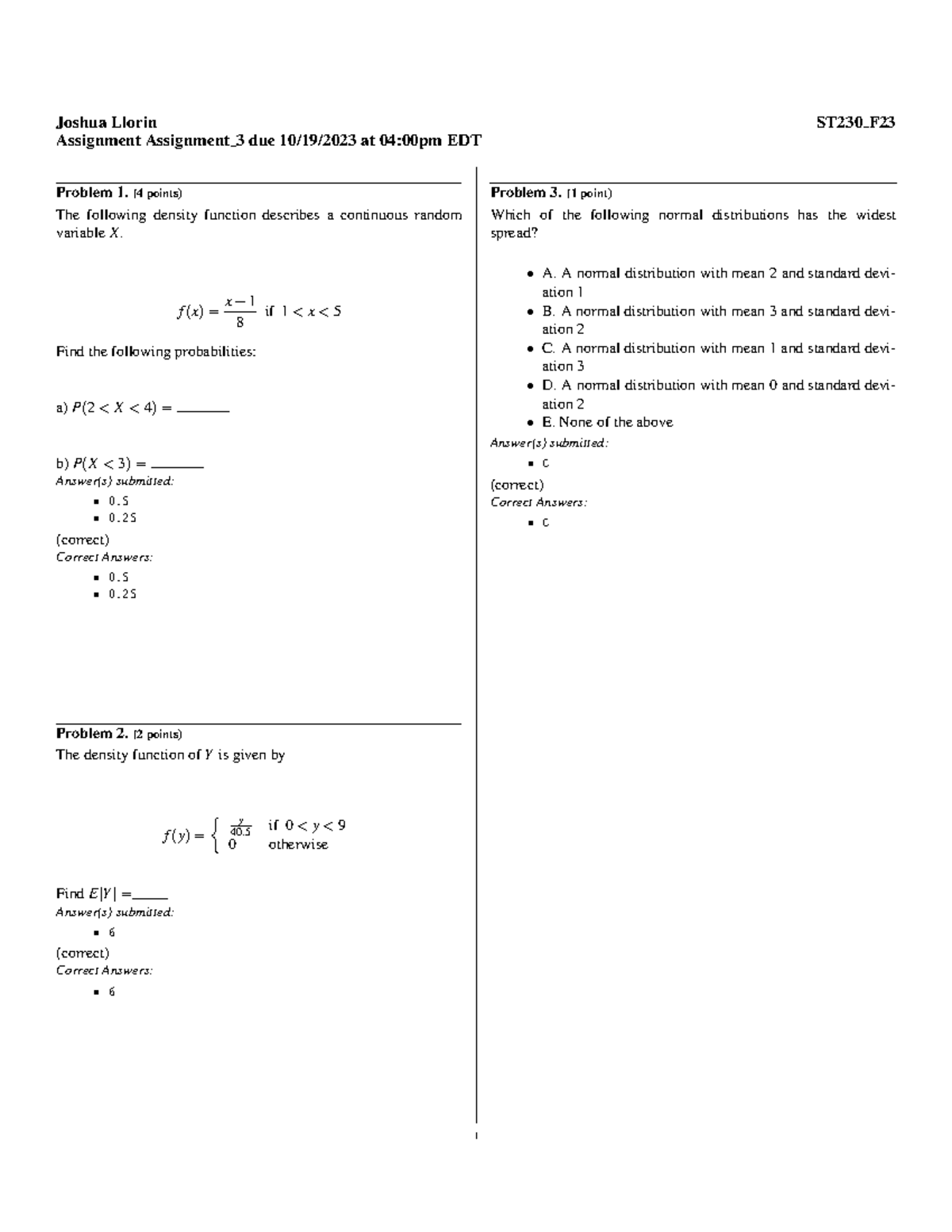 ST230 F23 - Webwork - Joshua Llorin ST230 F Assignment Assignment 3 due 10/19/2023 at 04:00pm ...
