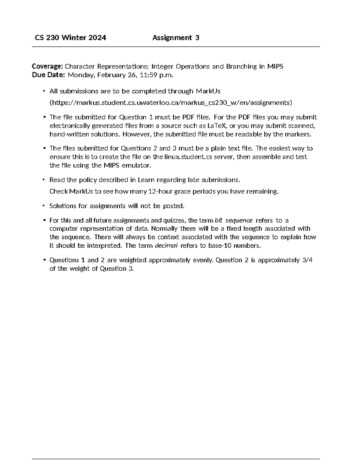 CS 230 Assignment 3 Winter 2024 - CS 230 Winter 2024 Assignment 3 Coverage: Character - Studocu