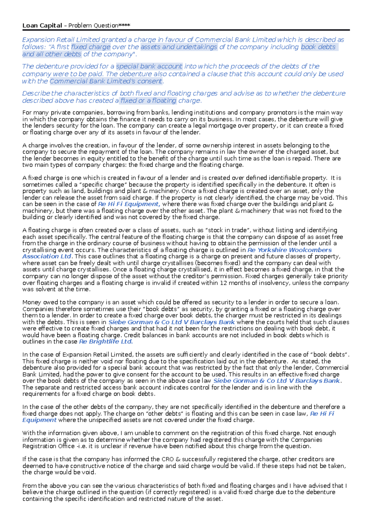 Loan Capital (Charges) Essay - Loan Capital – Problem Question ...