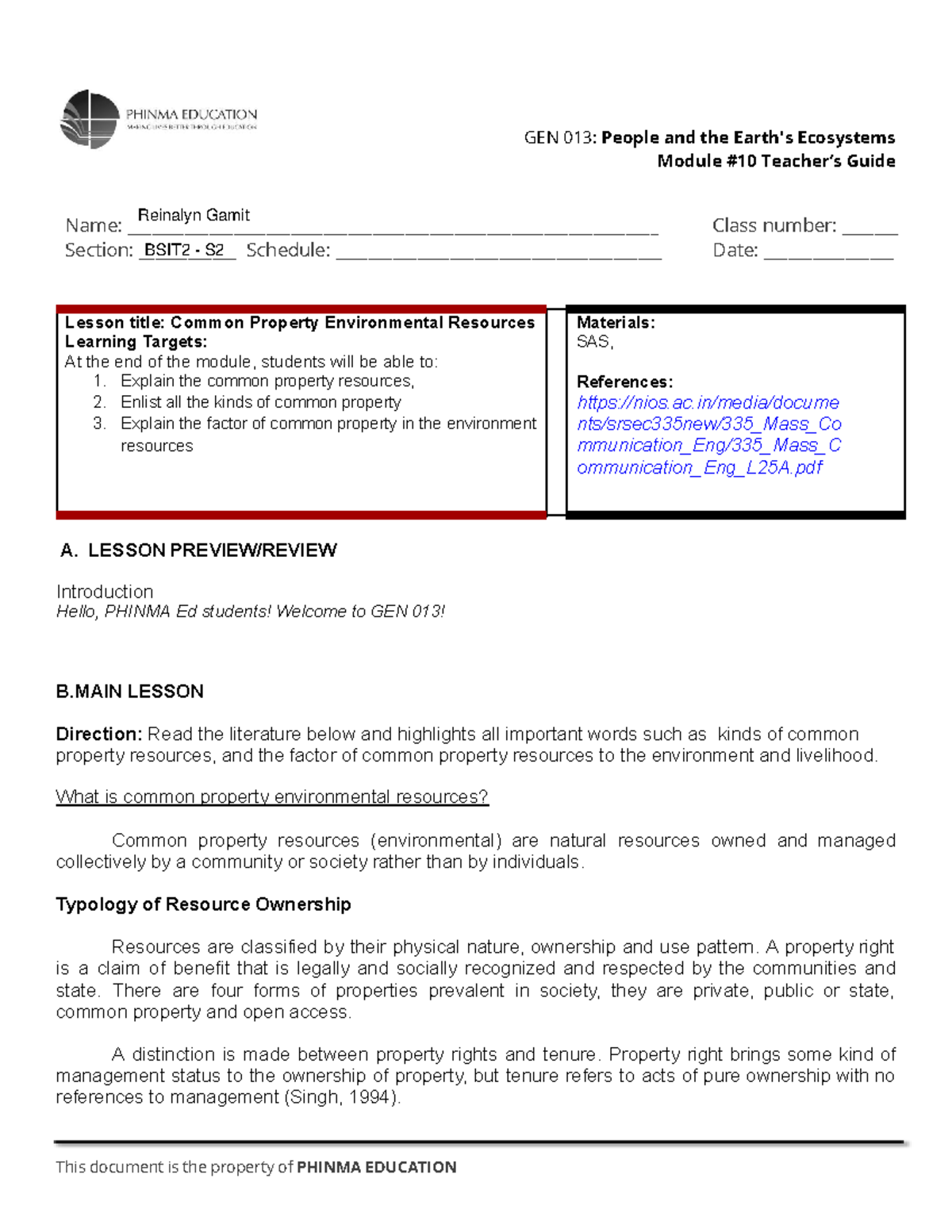 GEN 013 Day 10 - asd - Module #10 Teacher’s Guide Name: - Studocu