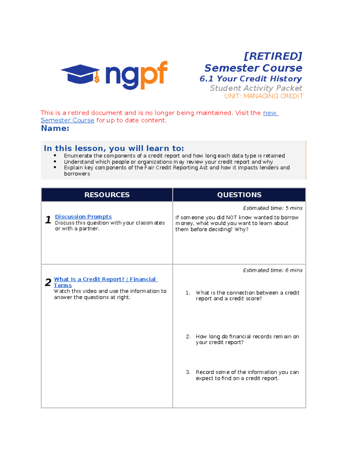 6.1 worksheet your credit score history - [RETIRED] Semester Course 6 ...