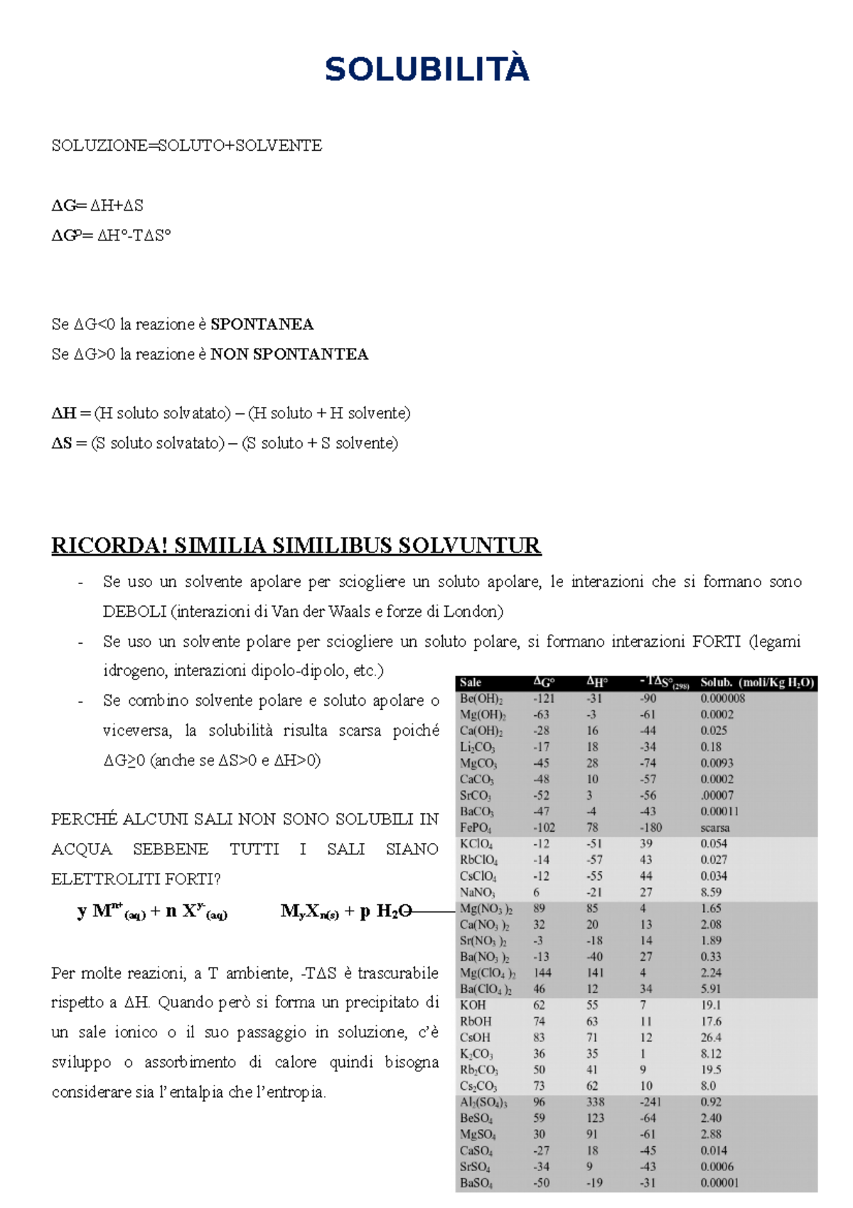Solubilità - SOLUBILITÀ SOLUZIONE=SOLUTO+SOLVENTE ΔG = ΔH+ΔS ΔG° = ΔH ...