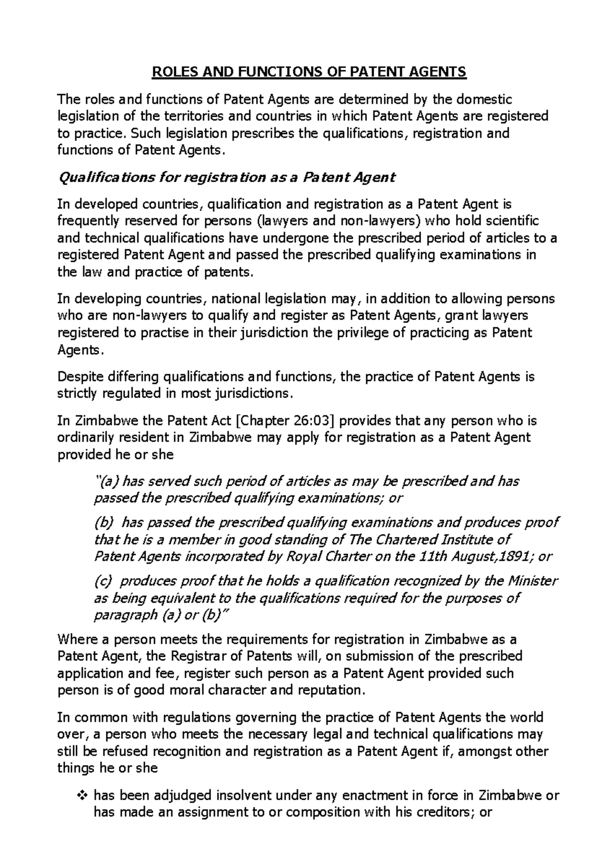 Wipo pat hre 15 t 1 - Good - ROLES AND FUNCTIONS OF PATENT AGENTS The ...