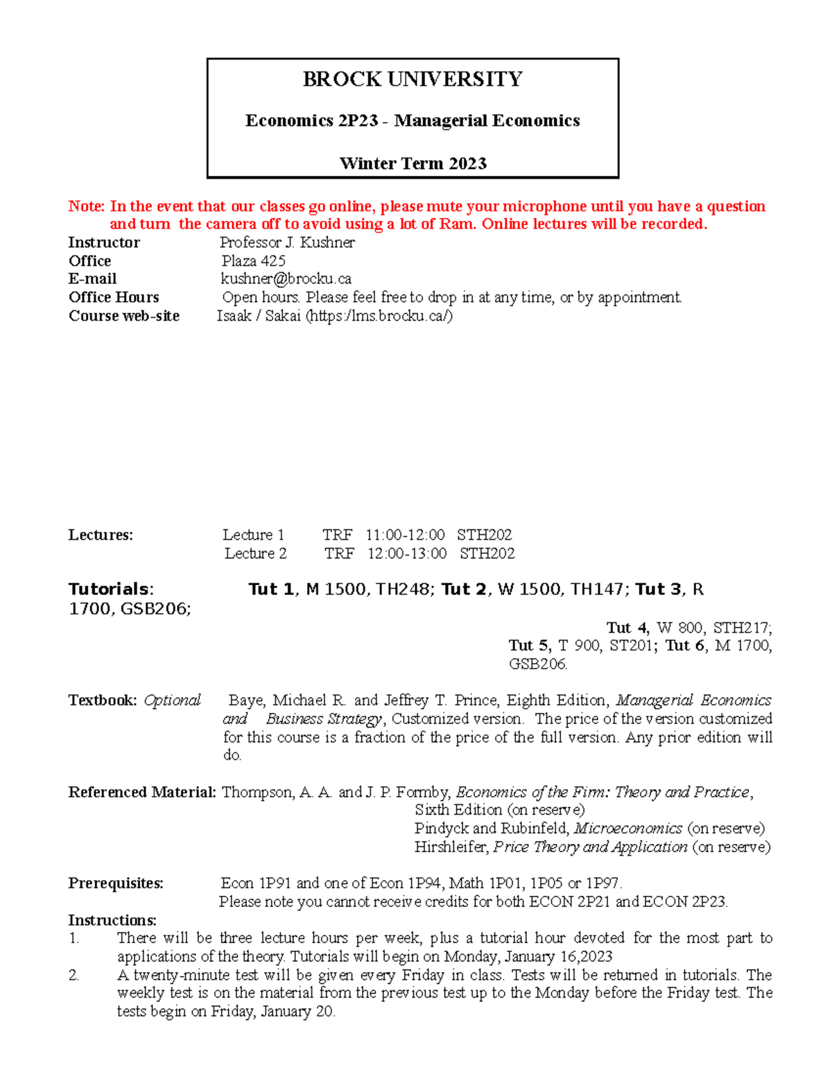 2p23 outwinter 2023 - outline - BROCK UNIVERSITY Economics 2P23 ...