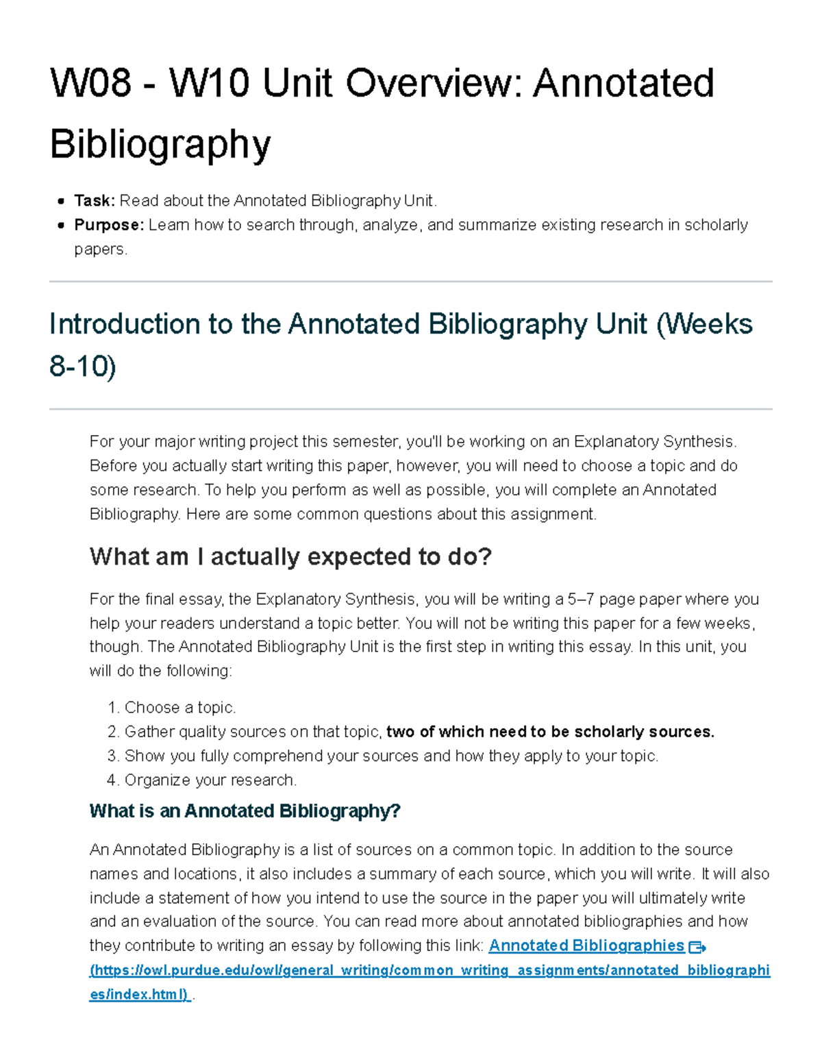 W08 - W10 Unit Overview Annotated Bibliography Writing Reasoning Foundation - W08 - W10 Unit ...