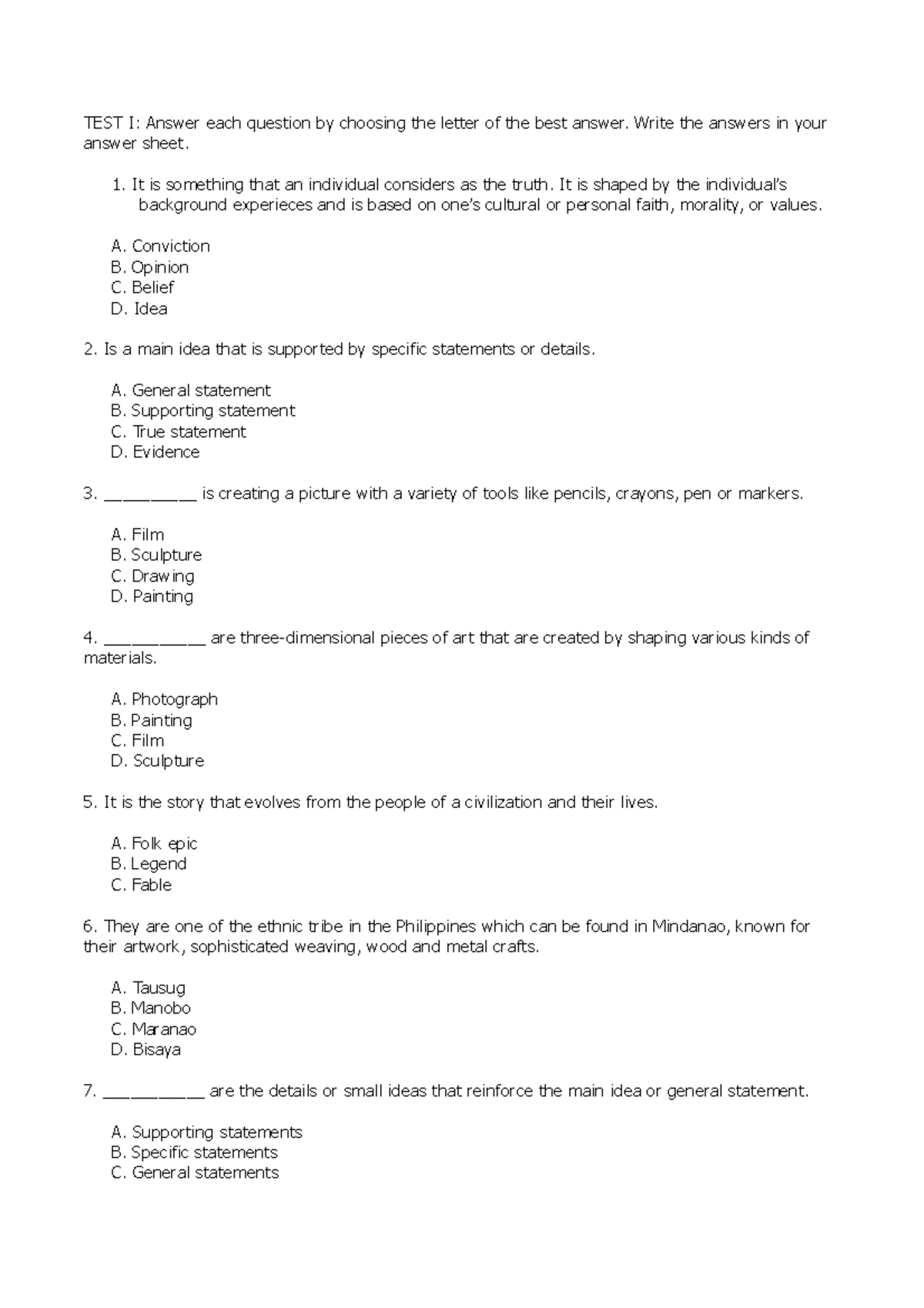 Summative Questionare FOR Grade 7 - TEST I: Answer each question by ...