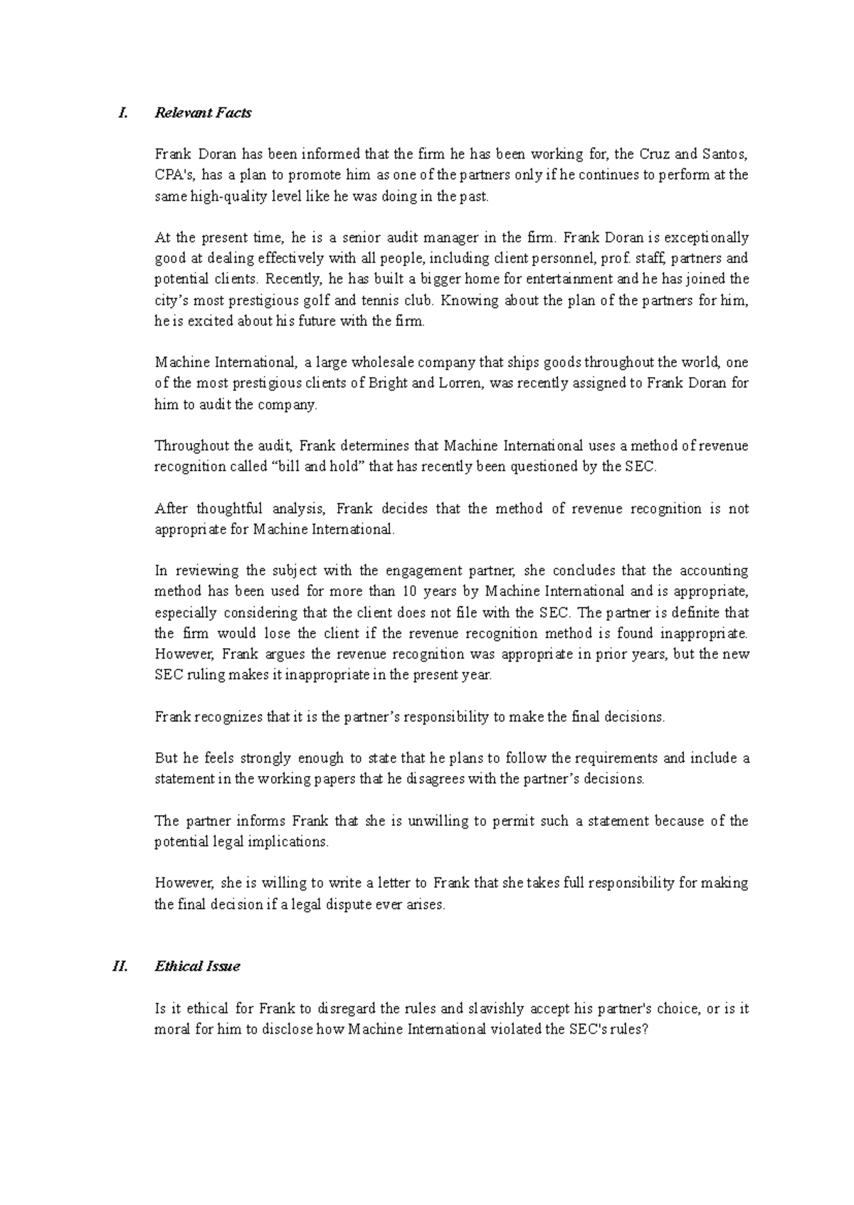 Germic Case Analysis - Frank Doran - I. Relevant Facts Frank Doran has ...