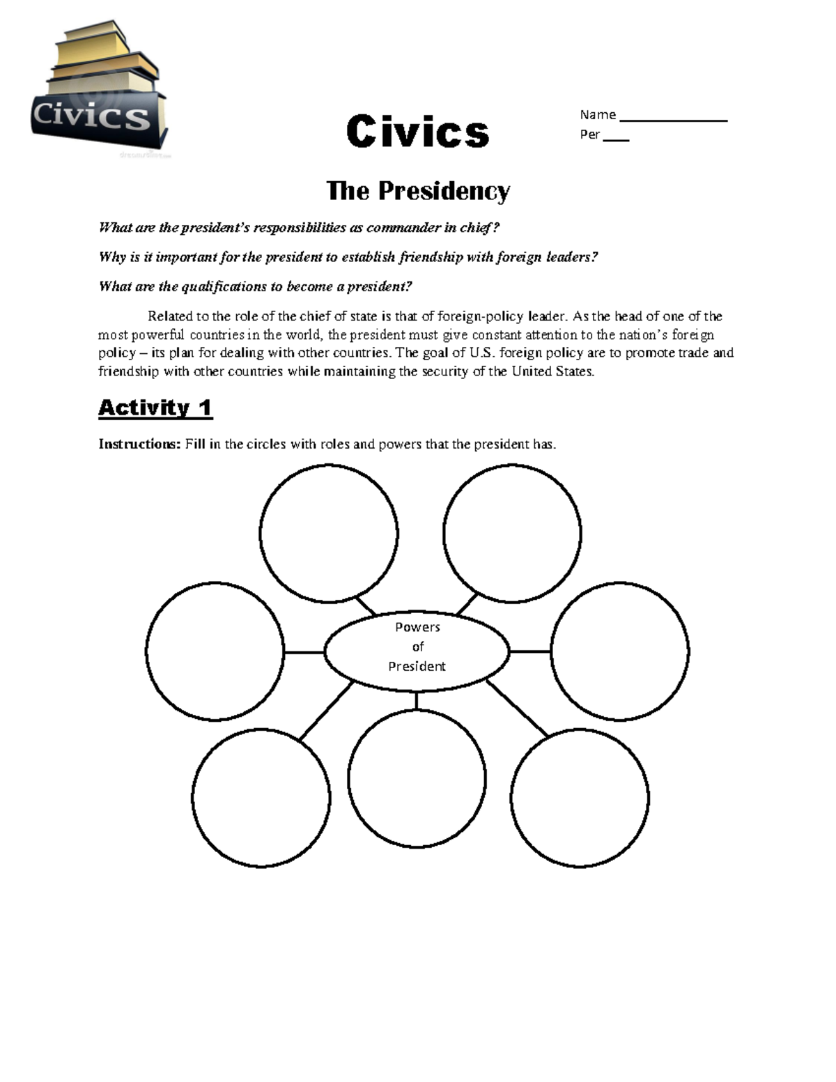 The Presidency activities 1 and 2 - Name Per Powers of President Civics ...