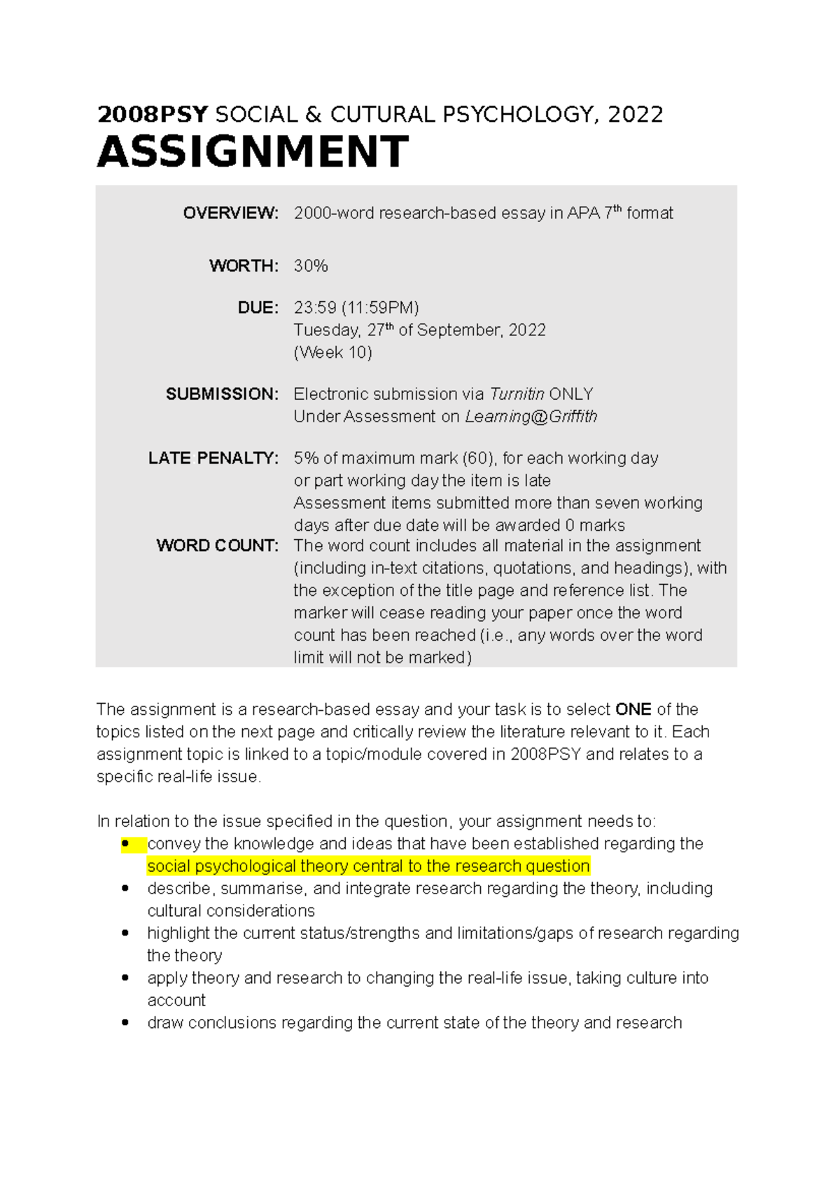 2008 PSY Assignment Information - 2022 - 2008PSY SOCIAL & CUTURAL PSYCHOLOGY, 2022 ASSIGNMENT ...