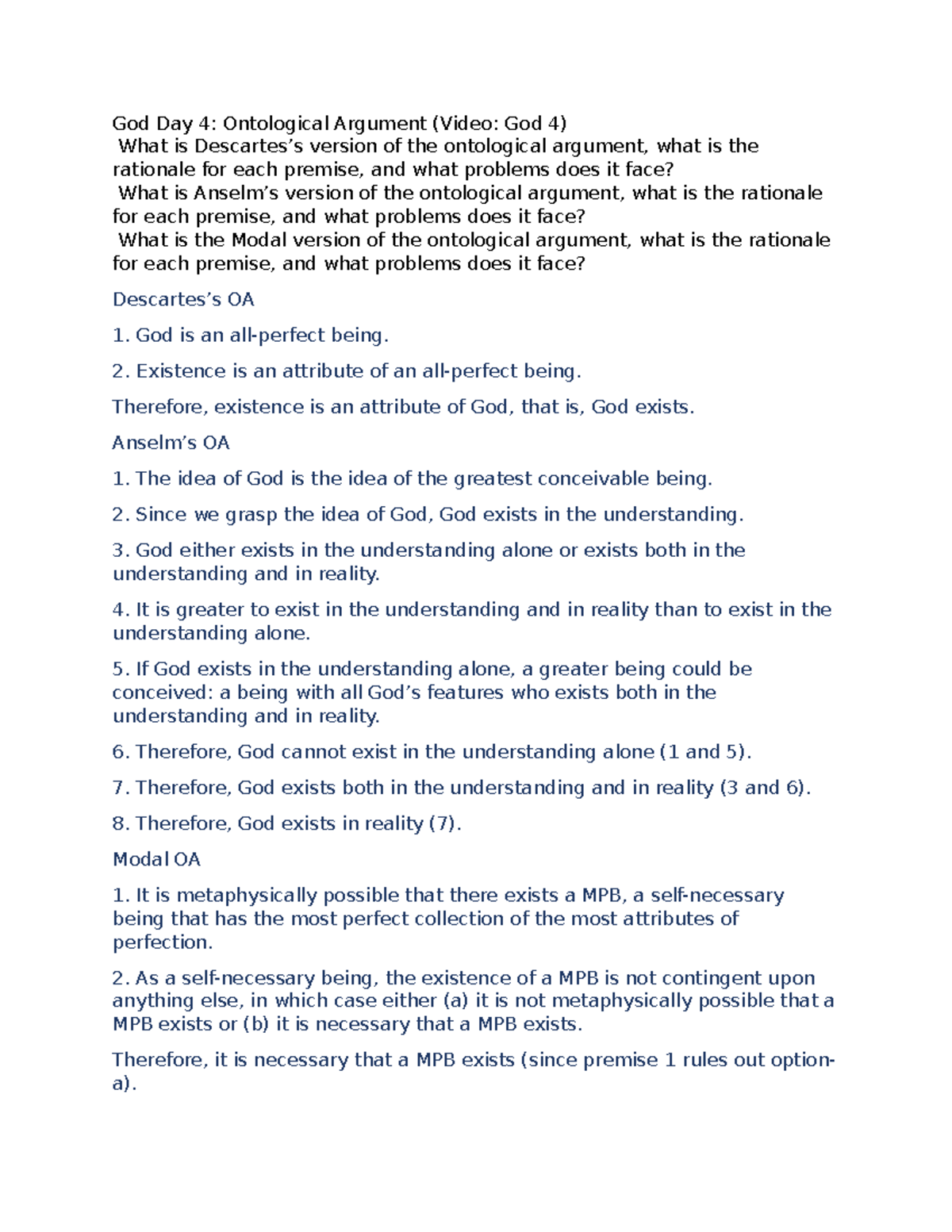 Discussion questions God (4-6) - PHIL 1301 - CTC - Studocu