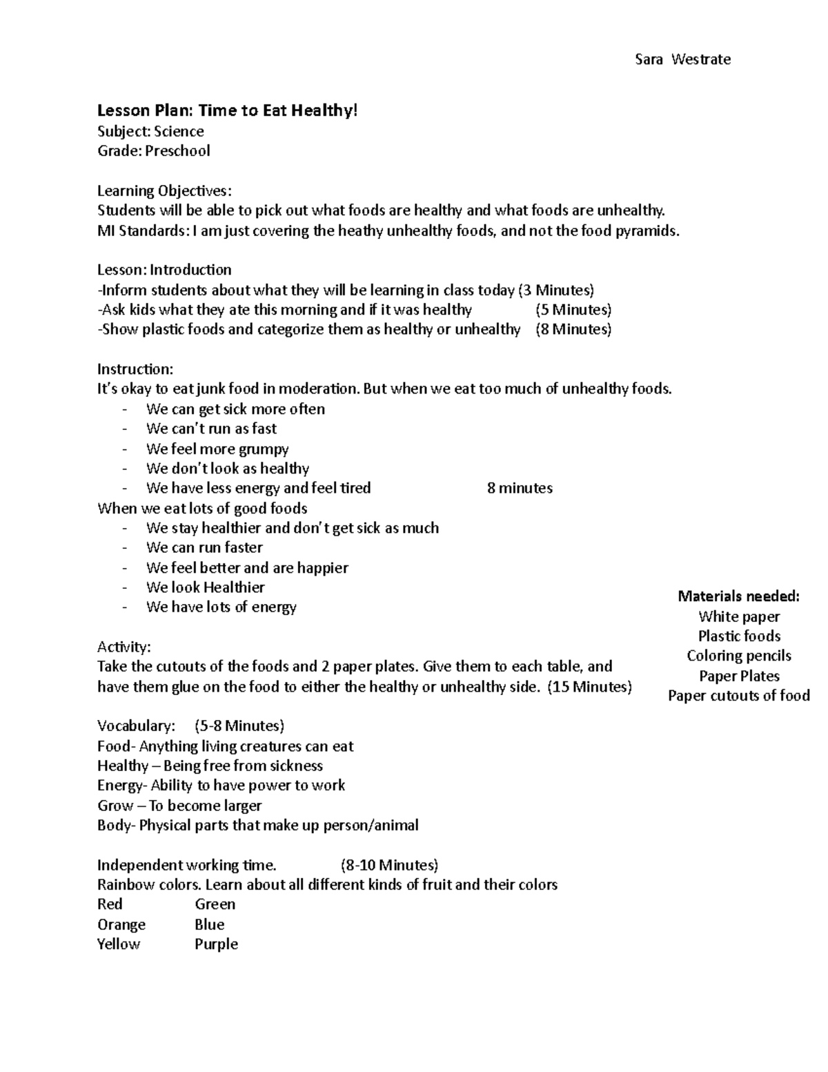 Lesson Plan- nutrition - Sara Westrate Lesson Plan: Time to Eat Healthy ...