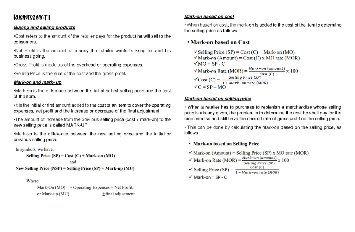 Business-MATH - business math notes - Buying and selling products •Cost ...